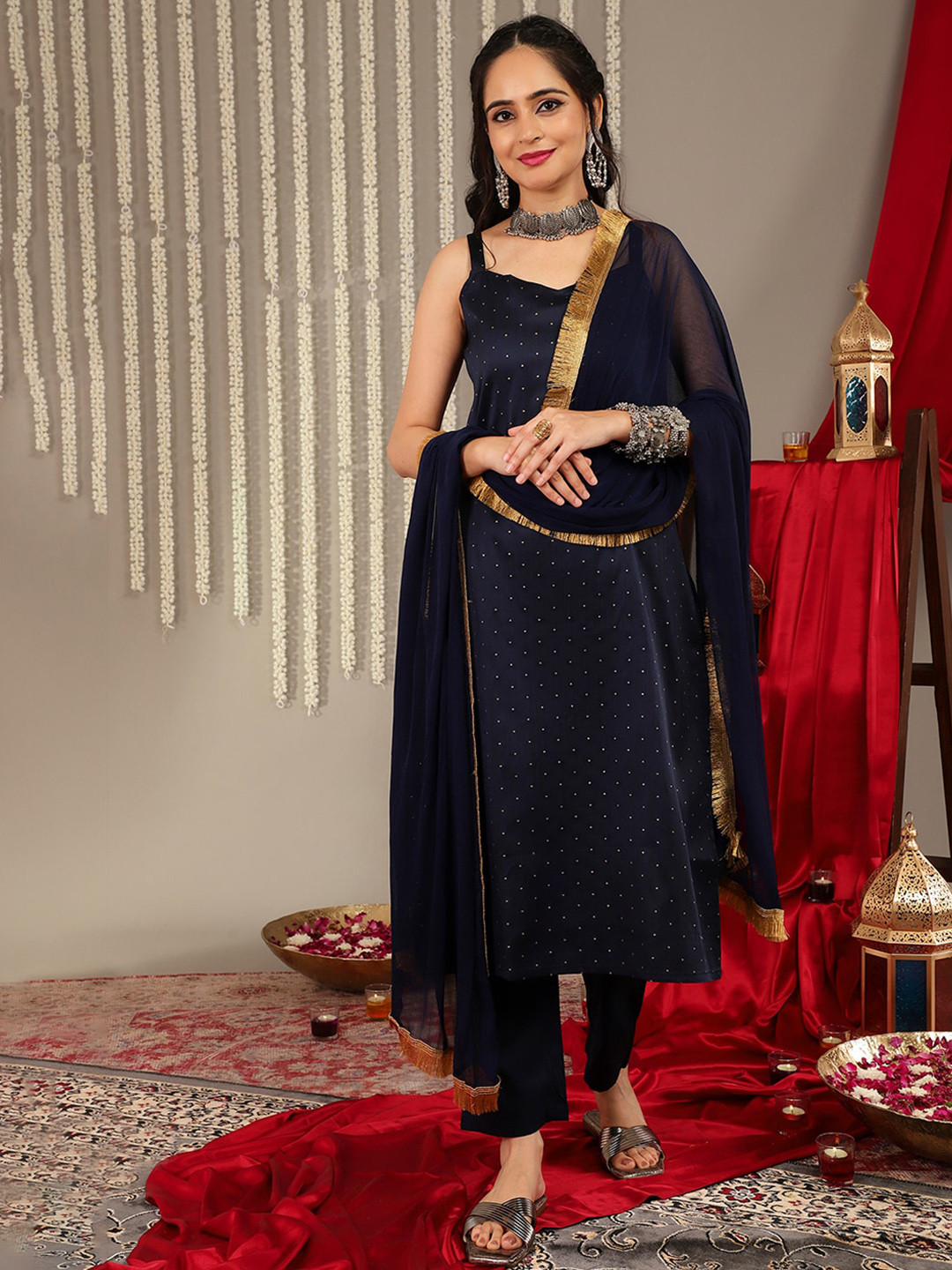 Buy Varanga Woven Design Shoulder Straps Anarkali Kurta & Trousers With ...