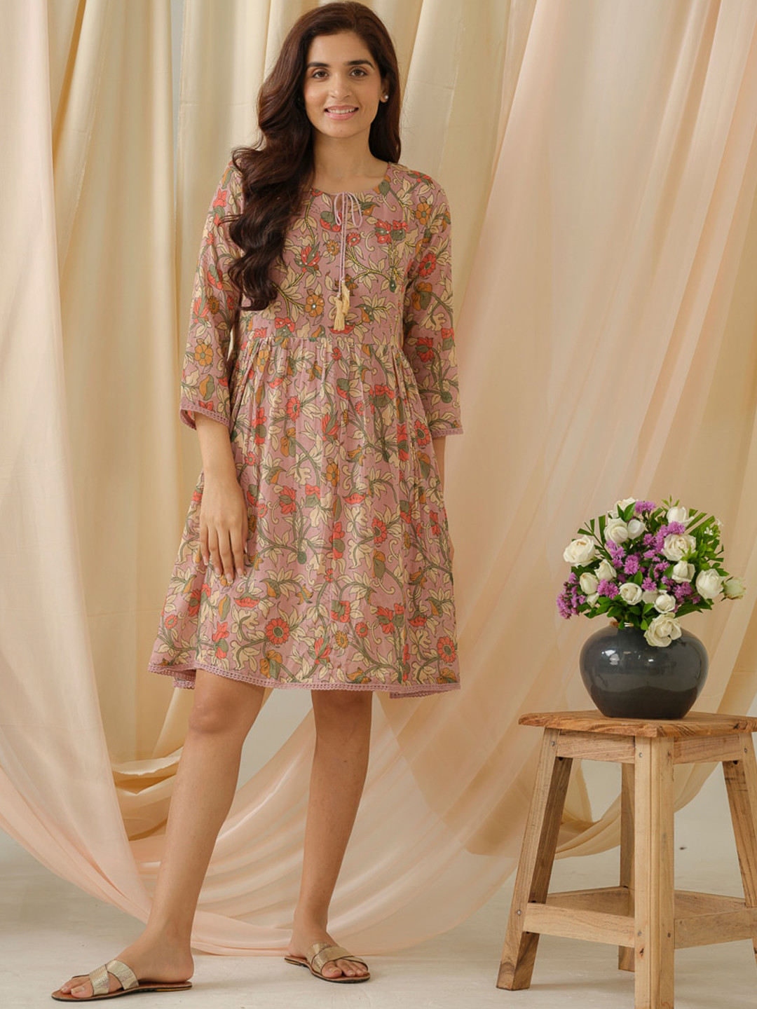 Buy Sangria Floral Printed Keyhole Neck Cotton A Line Ethnic Dress ...