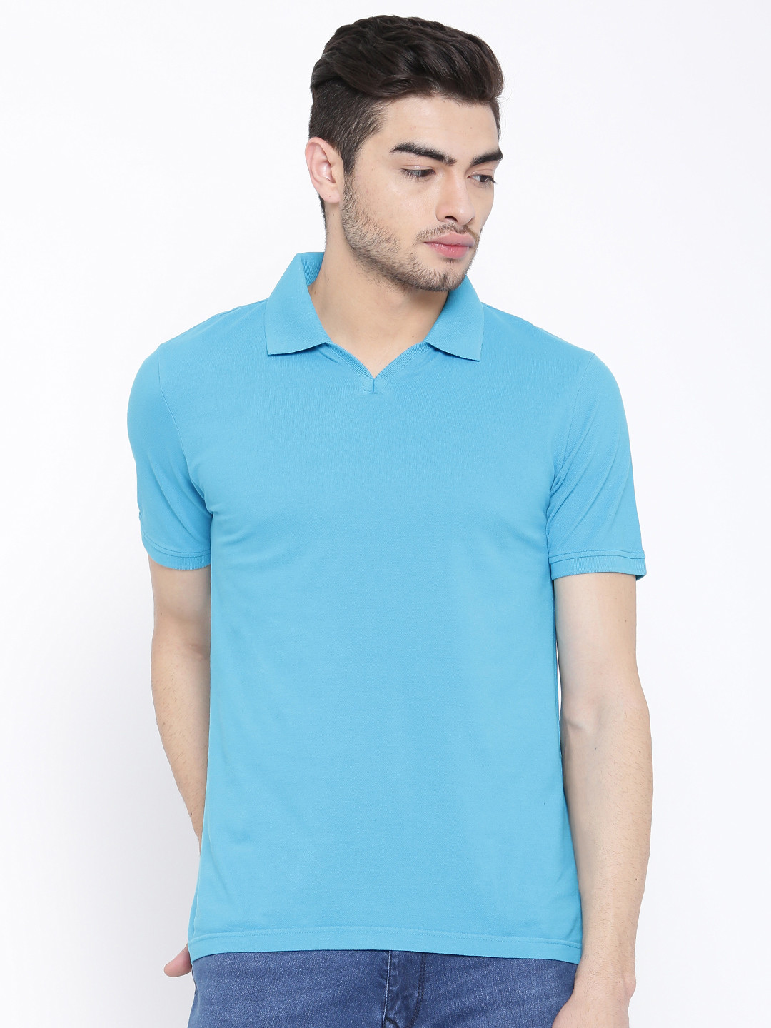 Buy Design Classics Men Turquoise Blue Solid Polo Collar T Shirt ...