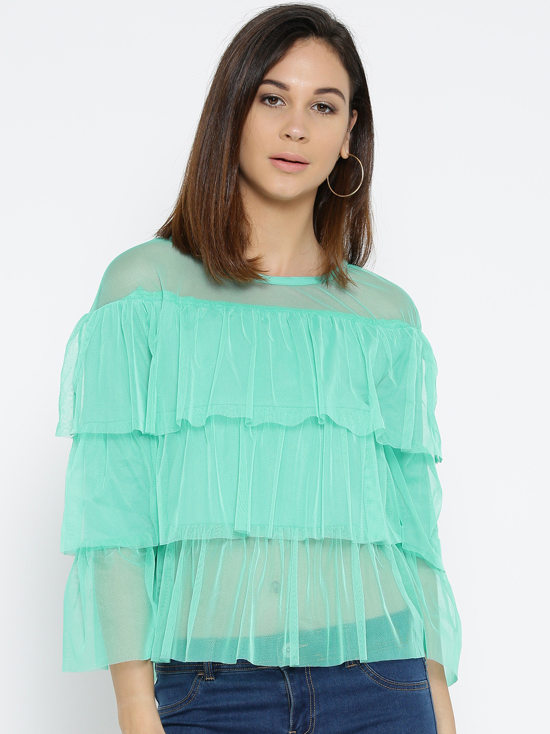 Buy U&F Women Sea Green Solid Net Tiered Top - Tops for Women 2510041 ...