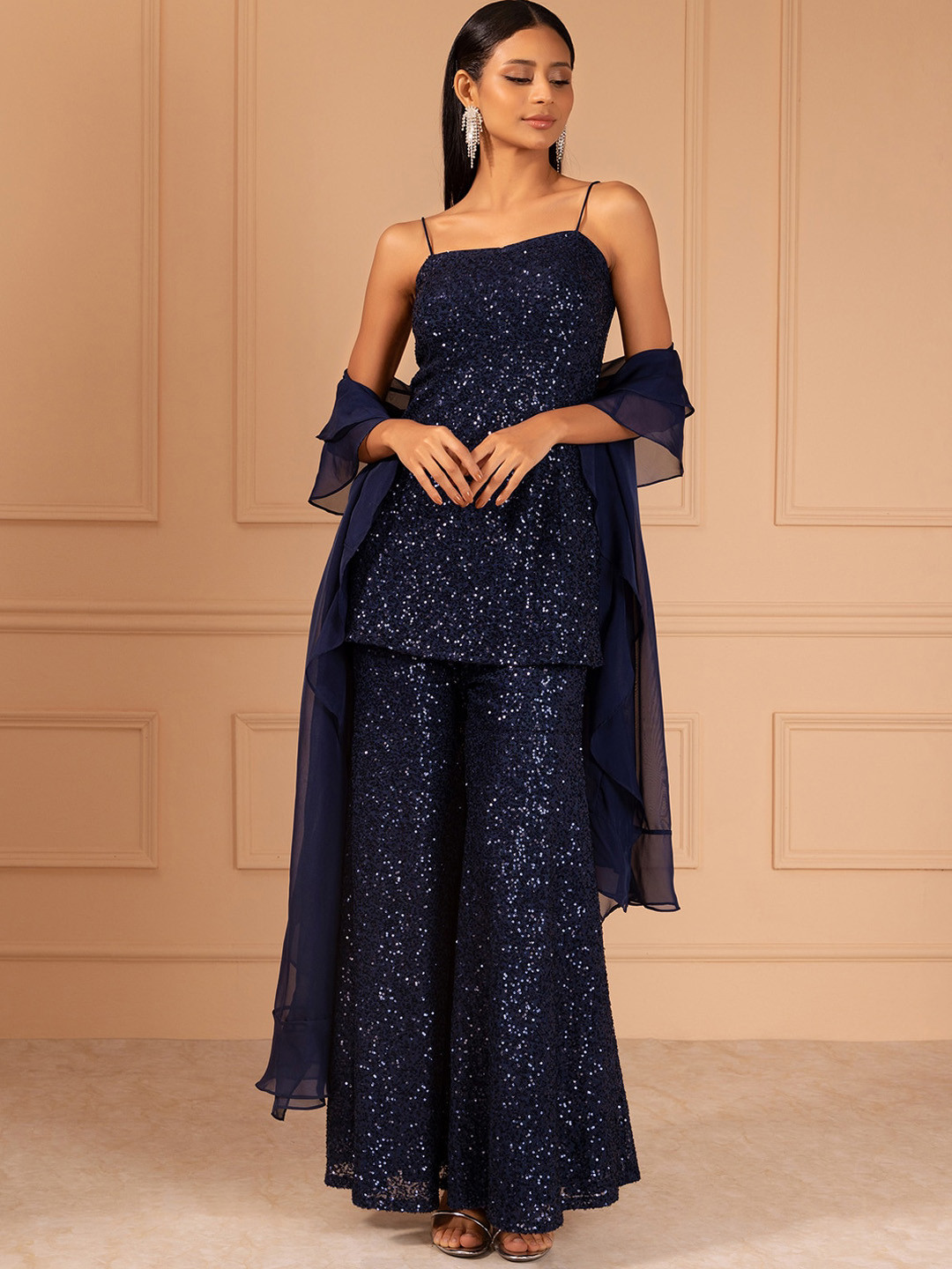 Buy Indya Luxe Embellished Sequinned Shoulder Straps Kurti With Sharara ...