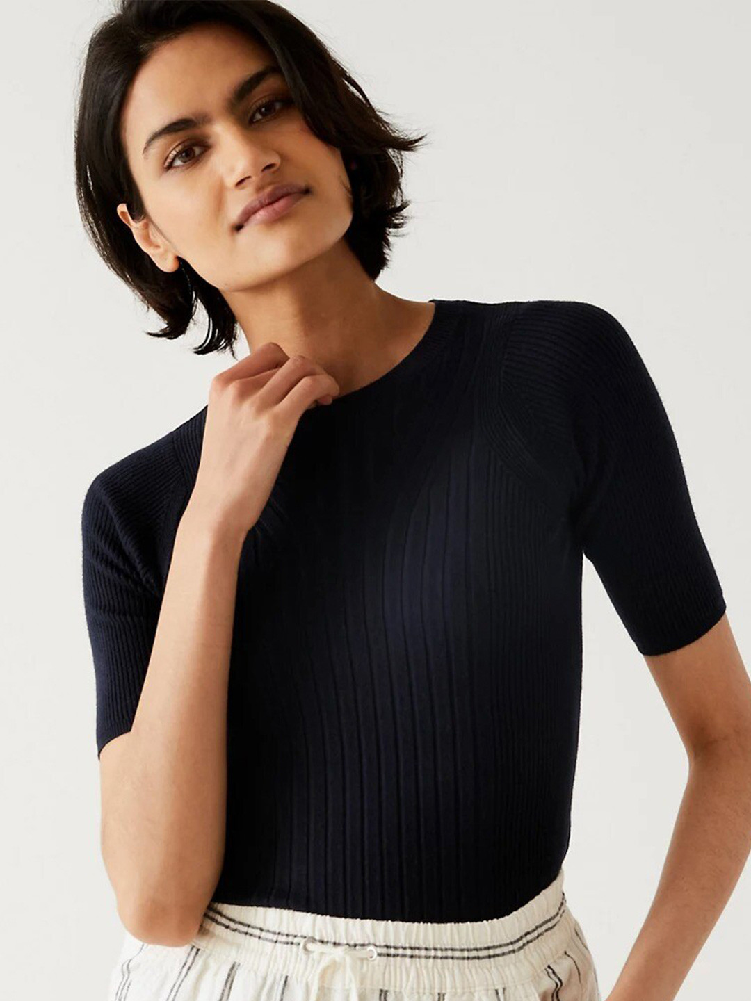Buy Marks & Spencer Ribbed Round Neck Top - Tops for Women 25101402 ...