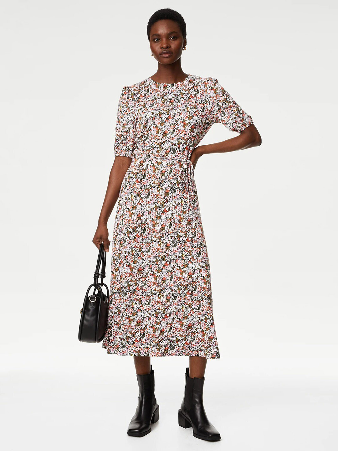 Buy Marks & Spencer Floral Printed Puff Sleeve A Line Midi Dress ...