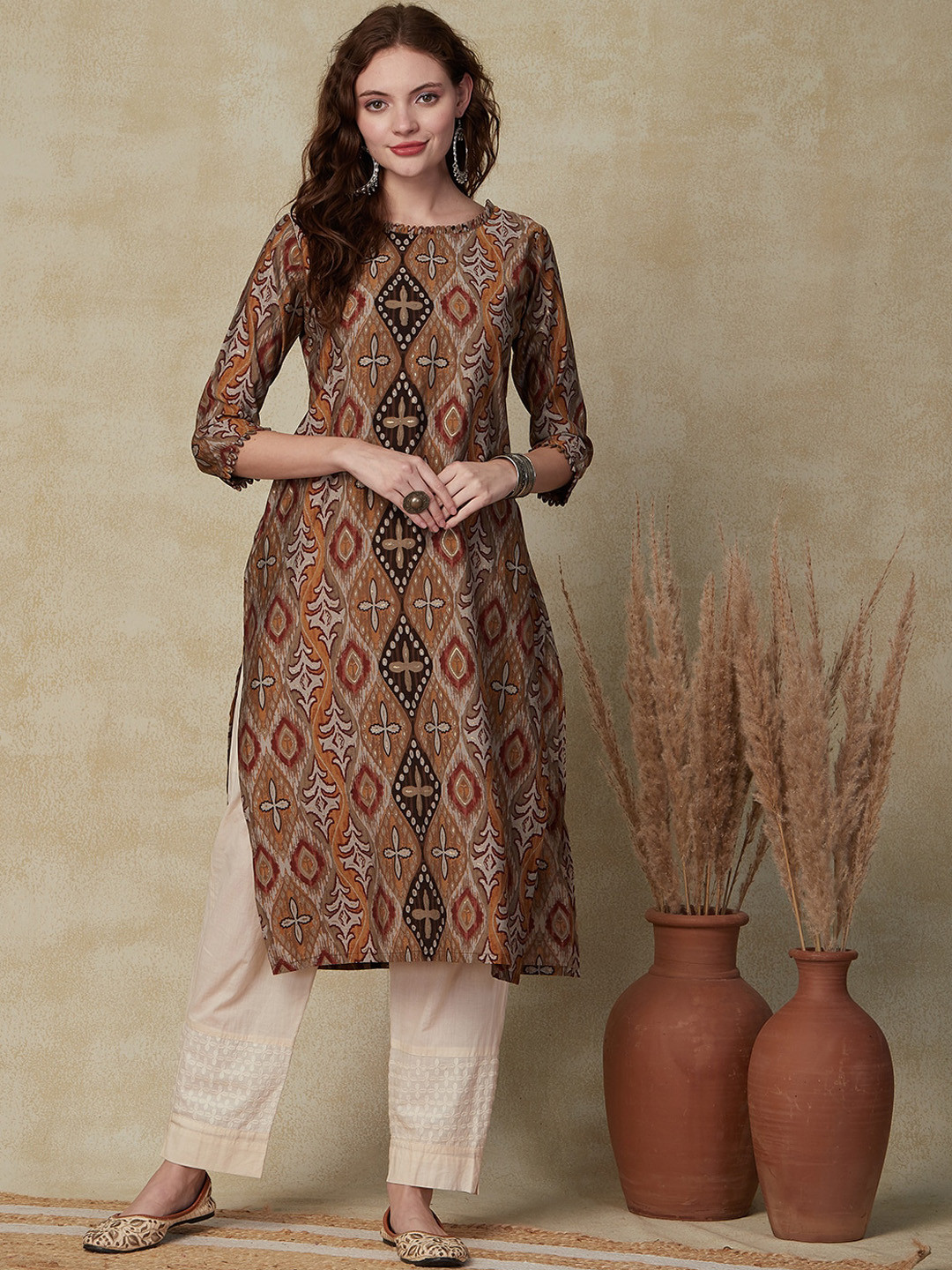 Buy FASHOR Floral Printed Round Neck Silk Straight Kurta - Kurtas for ...
