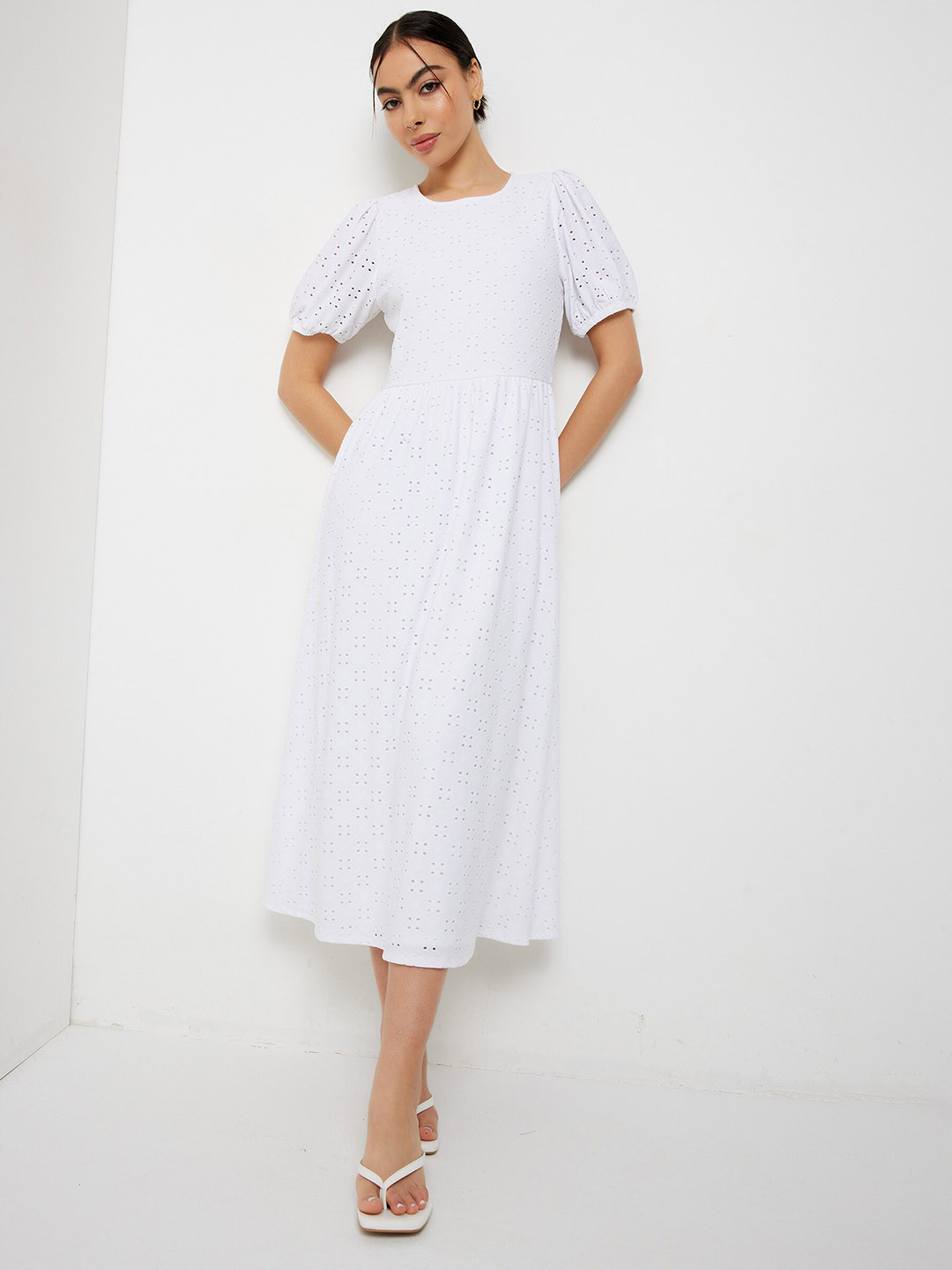 Buy Ardene Self Designed Puff Sleeves Fit & Flare Midi Dress - Dresses ...