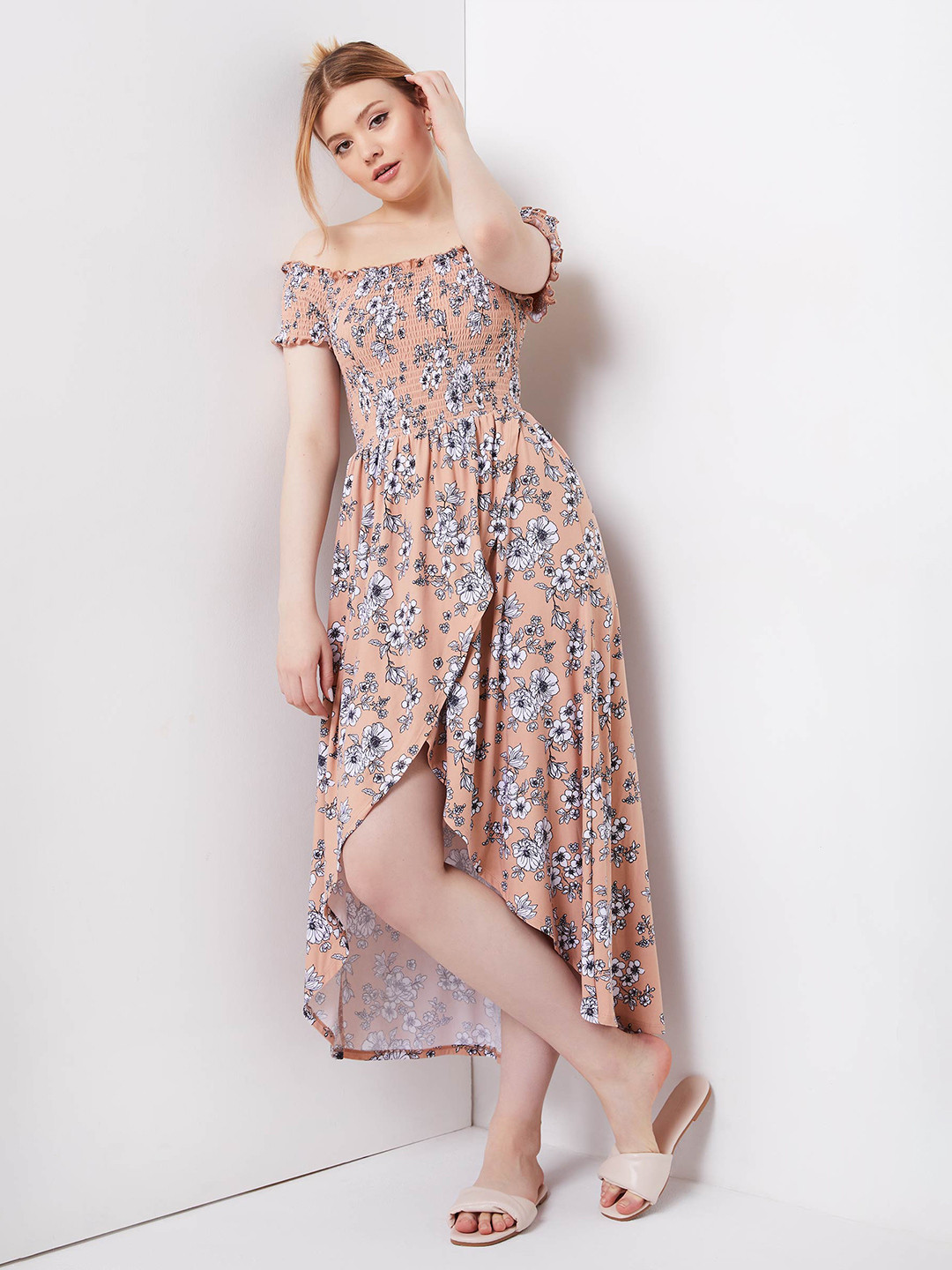 Buy Ardene Floral Printed Off Shoulder Fit & Flare Midi High Low Dress ...