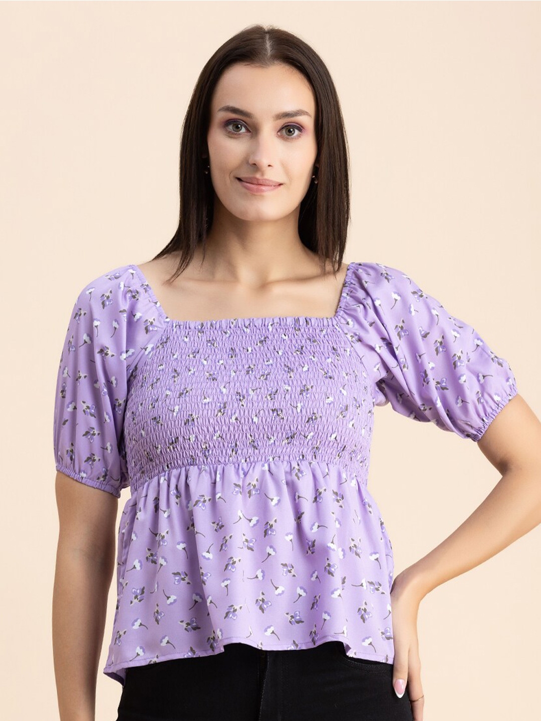 Buy Moomaya Floral Printed Square Neck Puff Sleeves Smocked Empire Top