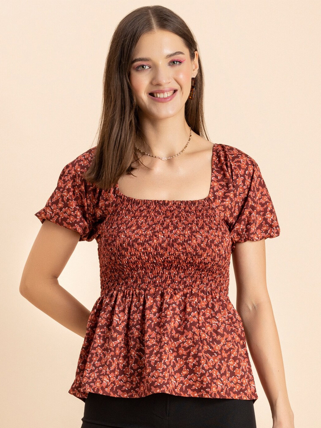 Buy Moomaya Floral Printed Square Neck Puff Sleeves Smocked Empire Top