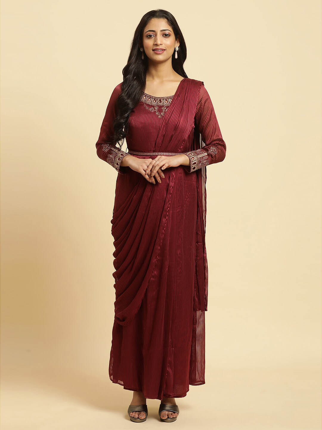 Buy WISHFUL Maxi Pre Drape Saree Ethnic Dress - Ethnic Dresses for ...