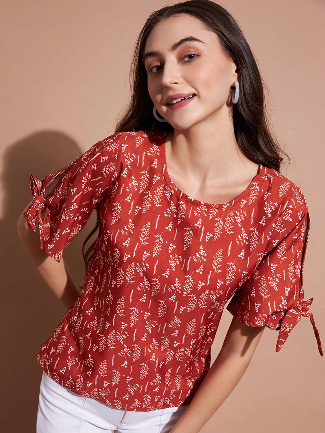 Buy DressBerry Floral Print Slit Sleeves Tie Up Sleeves Top - Tops for ...