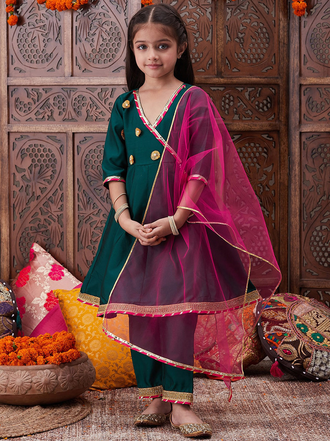 Buy Pspeaches Girls Floral Yoke Design Angrakha Gotta Patti A Line ...