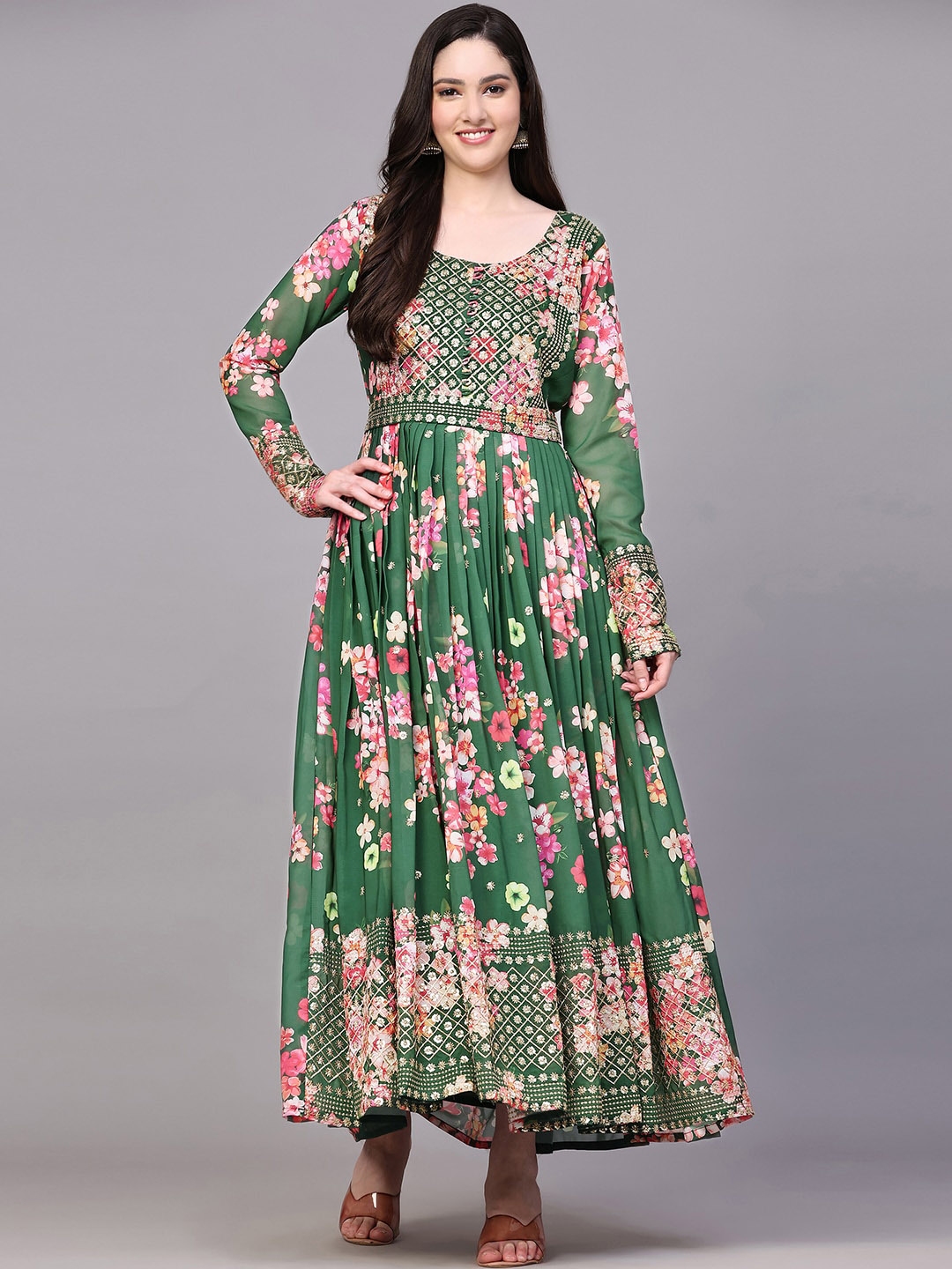 Buy Kalini Floral Printed Embellished Pleated Georgette Fit And Flare