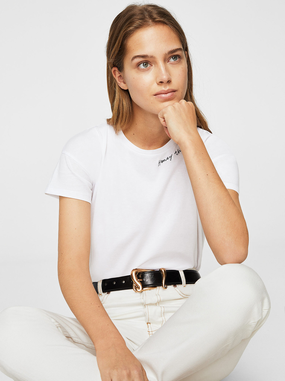 Buy MANGO Women White Solid Round Neck T Shirt - Tshirts for Women ...