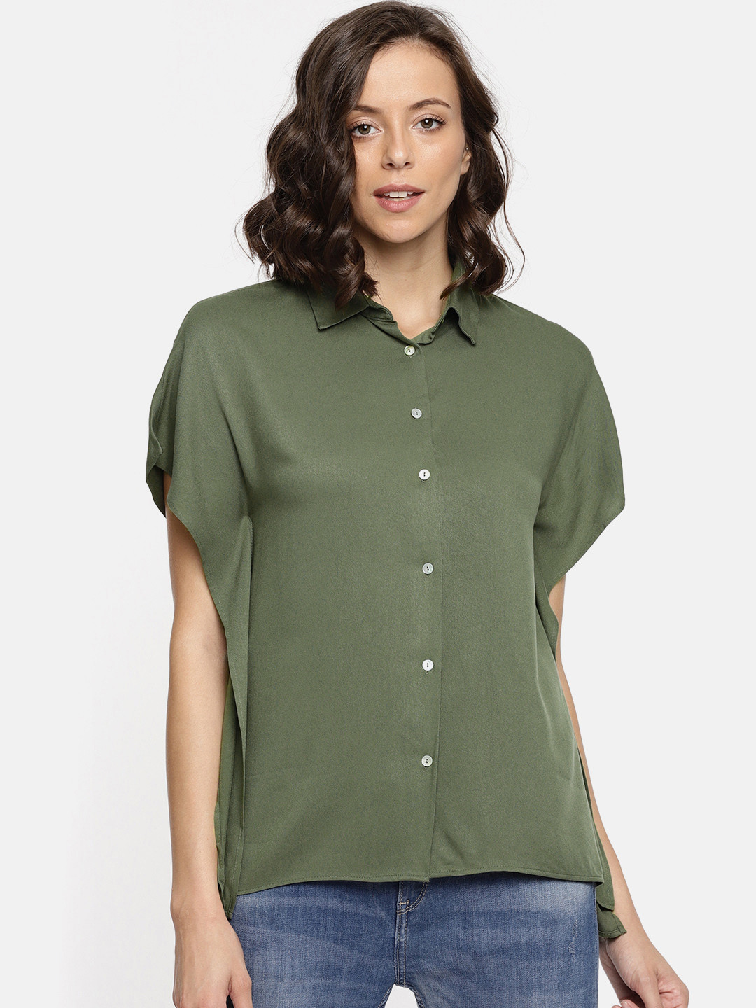 Buy MANGO Women Olive Green Regular Fit Solid Casual Shirt - Shirts for ...