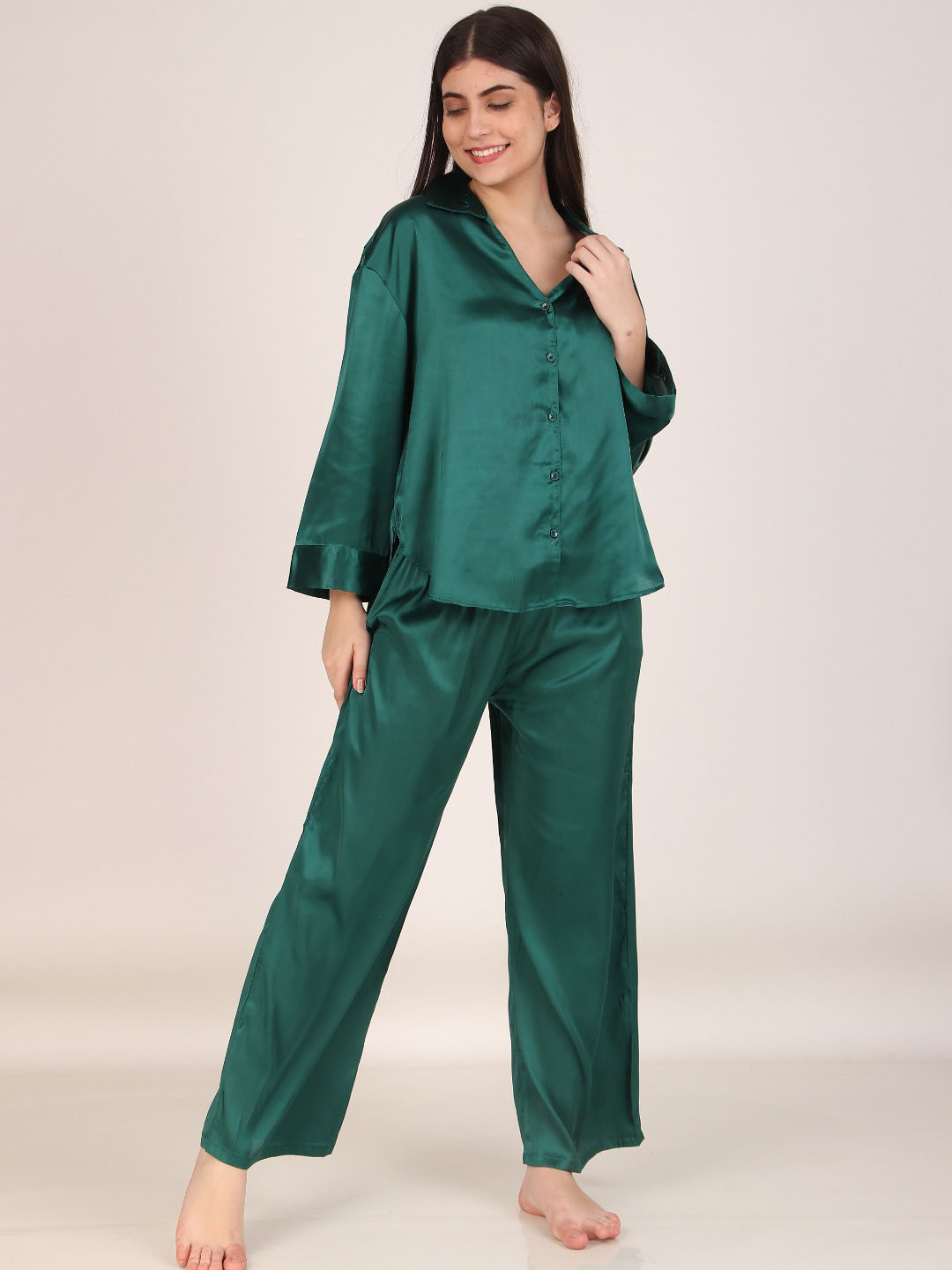 Buy Masha Women Solid Green Oversized Satin Night Suit - Night Suits ...