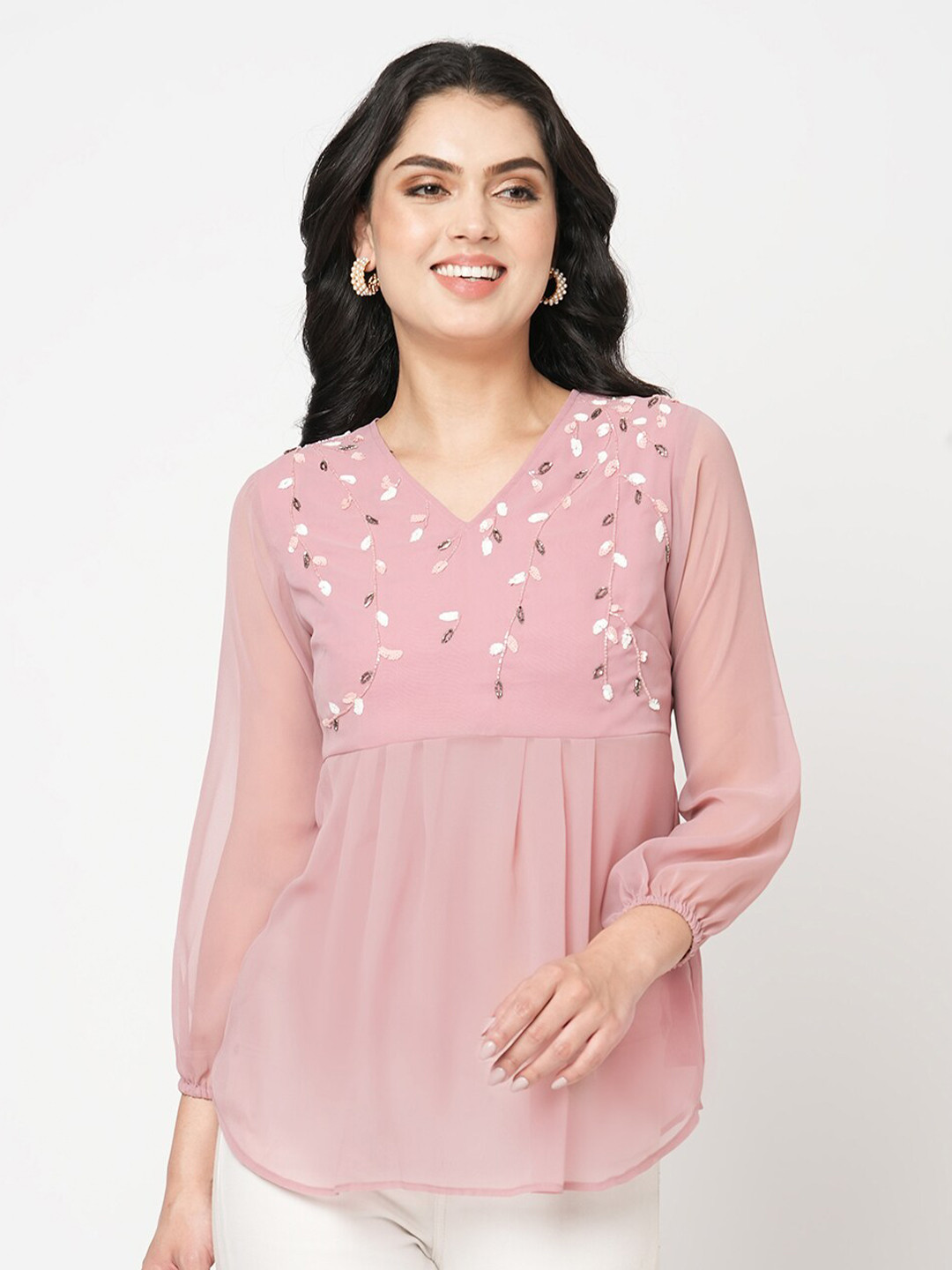 Buy MISH Pink Embellished V Neck Puff Sleeves Sequinned Detailed Top ...
