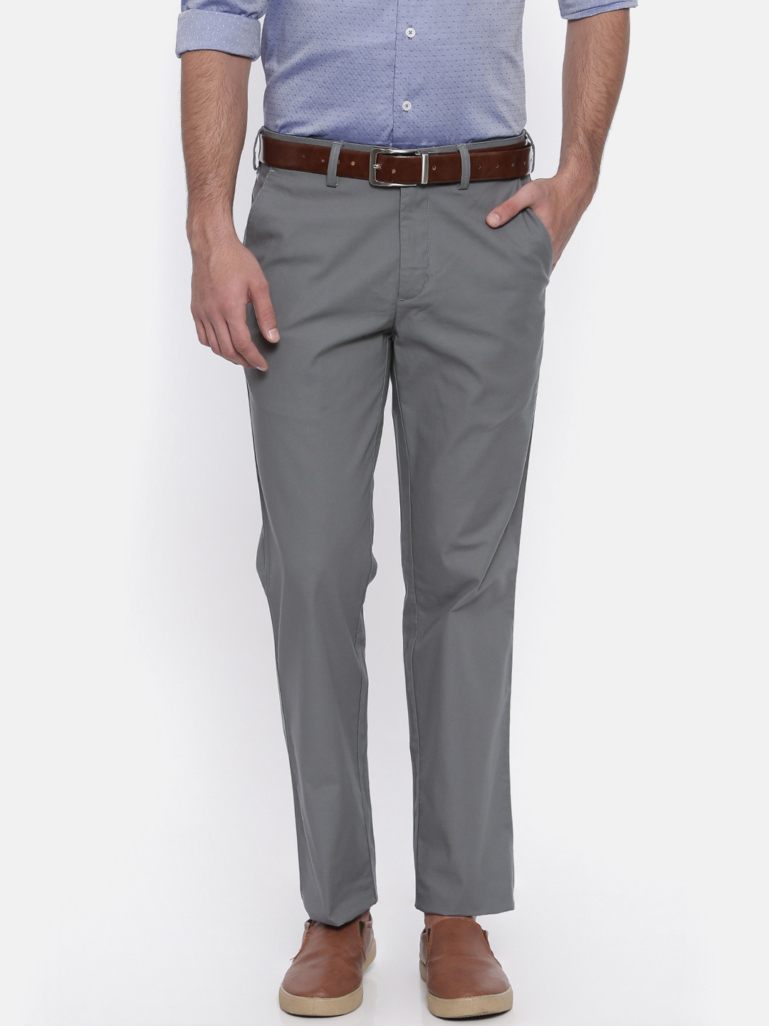 Buy ColorPlus Men Grey Tailored Fit Solid Regular Trousers - Trousers ...