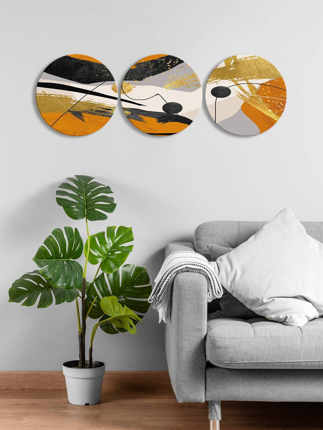 Buy 999Store 3 Pieces Black & Yellow Round Painting Wall Art - Wall Art ...