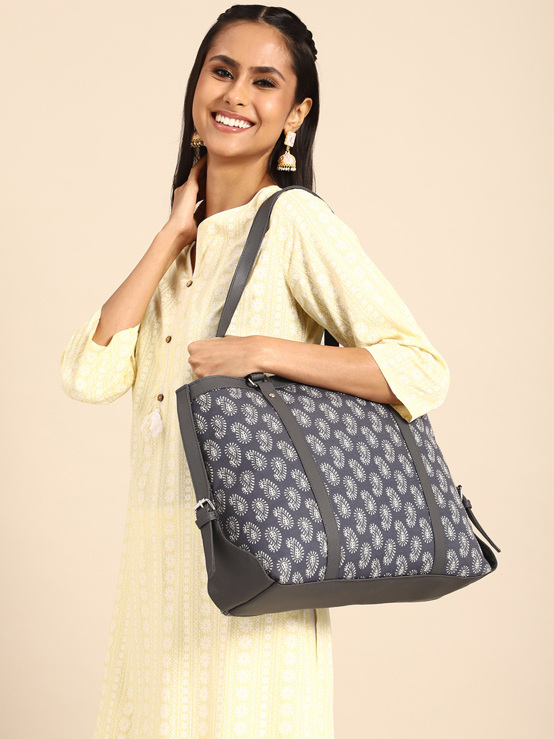 Buy Anouk Ethnic Motifs Printed Oversized Structured Tote Bag ...