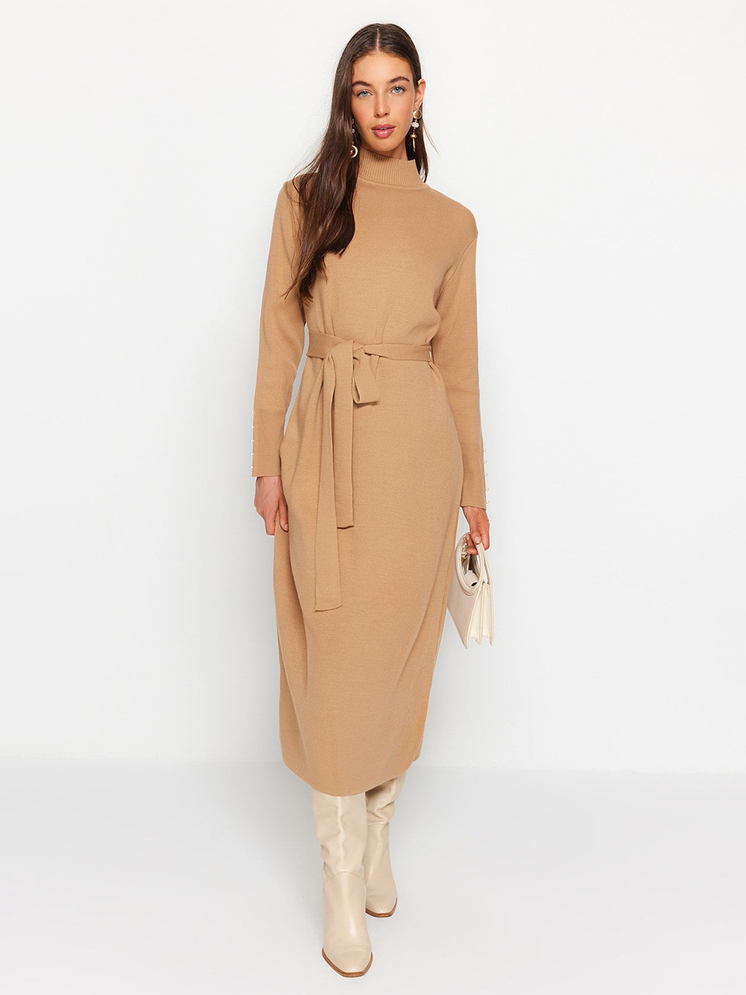 Buy Trendyol Mock Neck Long Sleeve Tie Ups A Line Midi Acrylic Dress ...