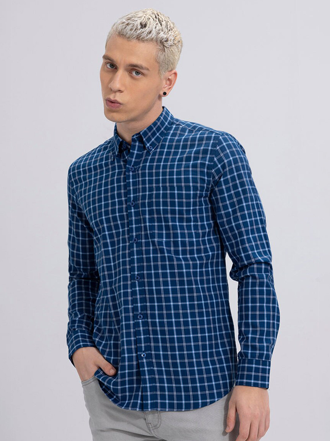 Buy Snitch Blue Classic Slim Fit Plaid Checked Casual Cotton Shirt ...