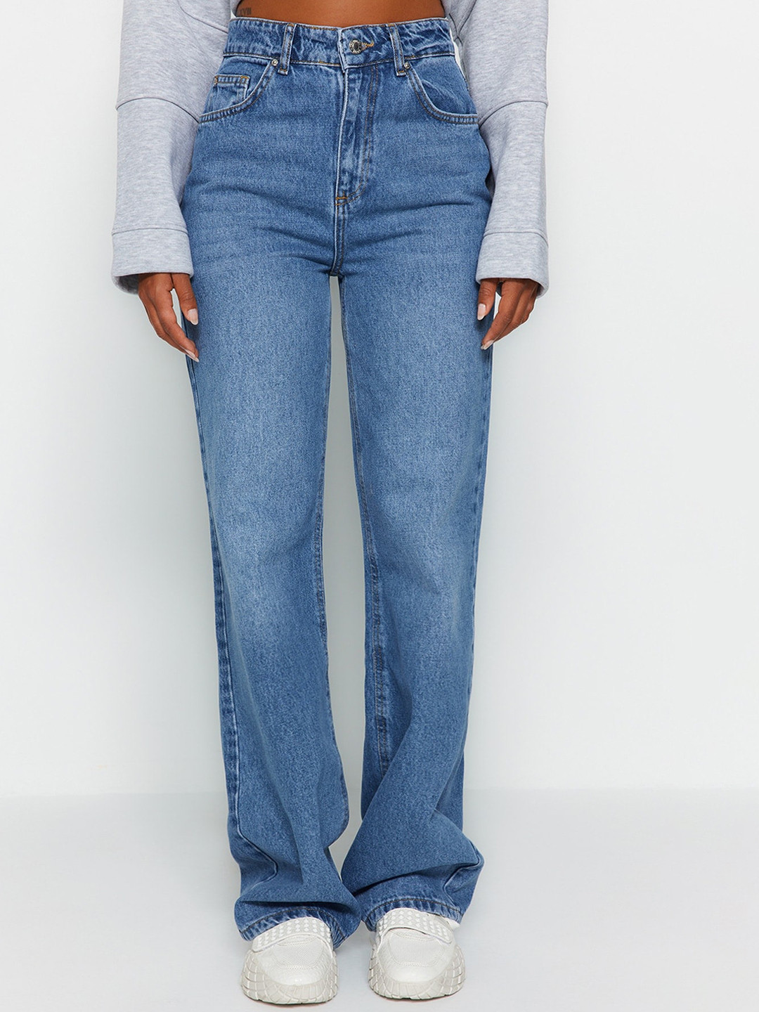 Buy Trendyol Women Mid Rise Low Distress Light Fade Jeans - Jeans for ...