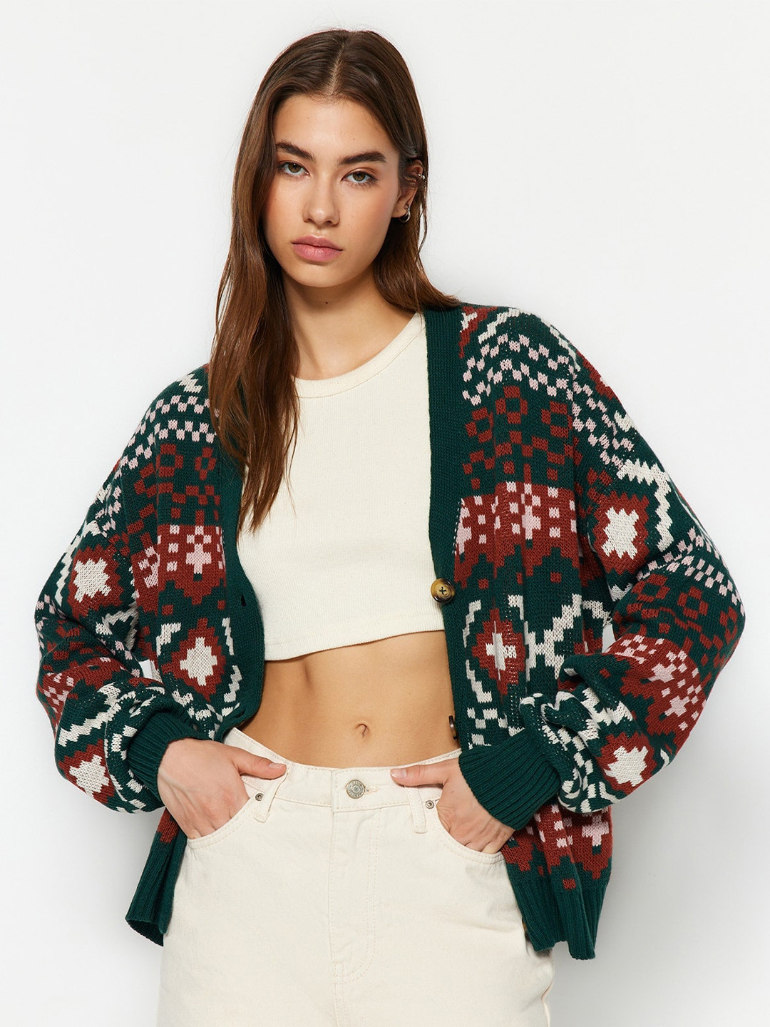 Buy Trendyol Ethnic Motifs Self Design Front Open Sweaters - Sweaters ...