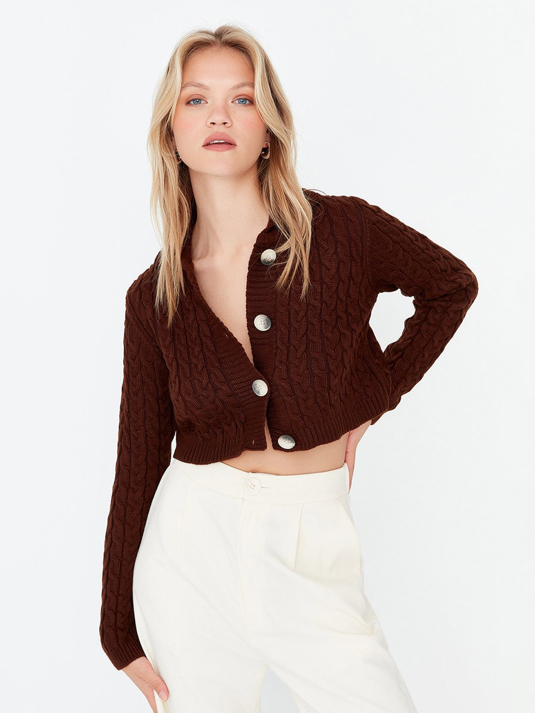 Buy Trendyol Cable Knit Self Design Ribbed Acrylic Crop Cardigan ...