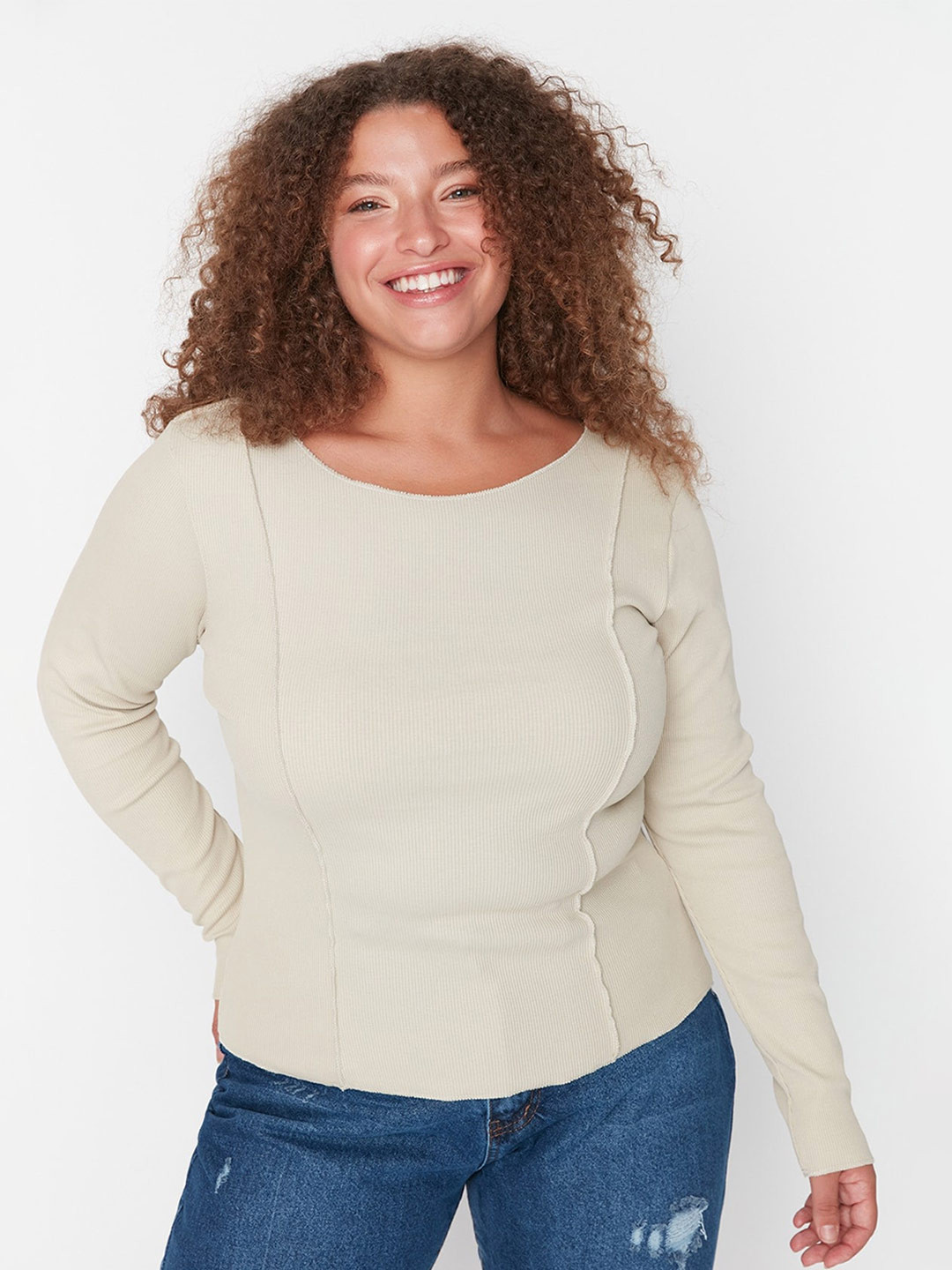 Buy Trendyol Plus Size Round Neck Long Sleeves Cotton Regular Top ...