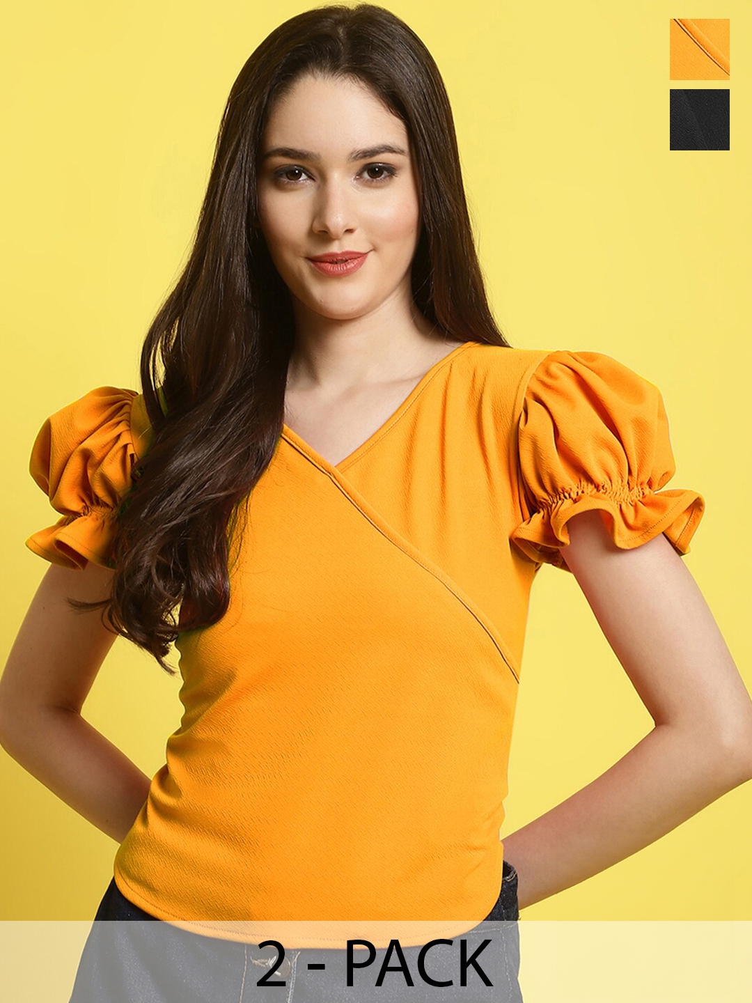 Buy Fabflee Pack Of 2 Puff Sleeve Sweetheart Neck Peplum Top Tops For