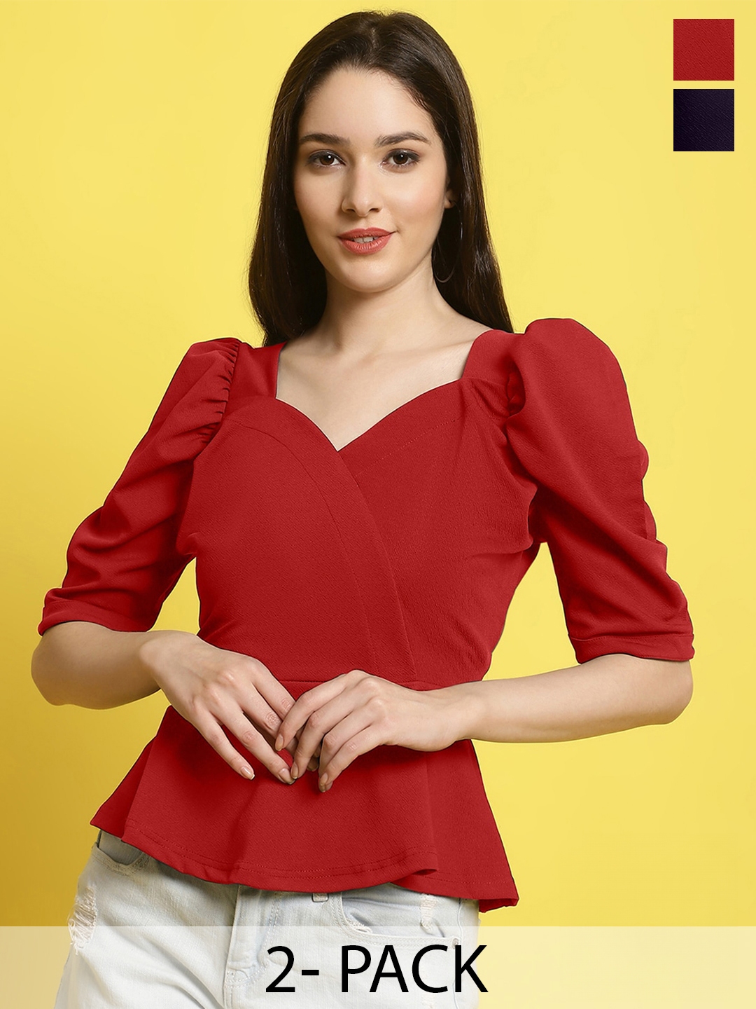 Buy Fabflee Pack Of 2 Sweetheart Neck Puff Sleeves Peplum Top Tops
