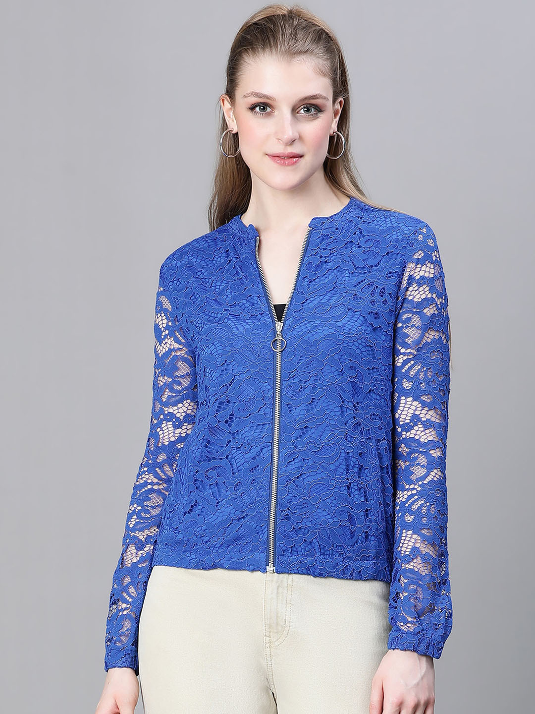 Buy Oxolloxo Self Design Lace Detail Lightweight Tailored Jacket ...