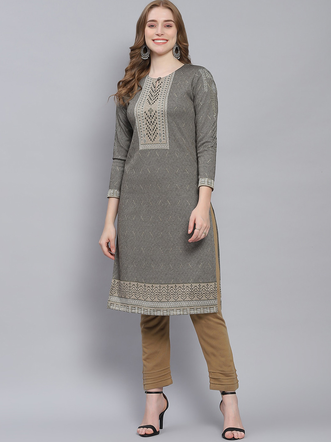 Buy Monte Carlo Geometric Printed Wool Thread Work Kurta - Kurtas for ...