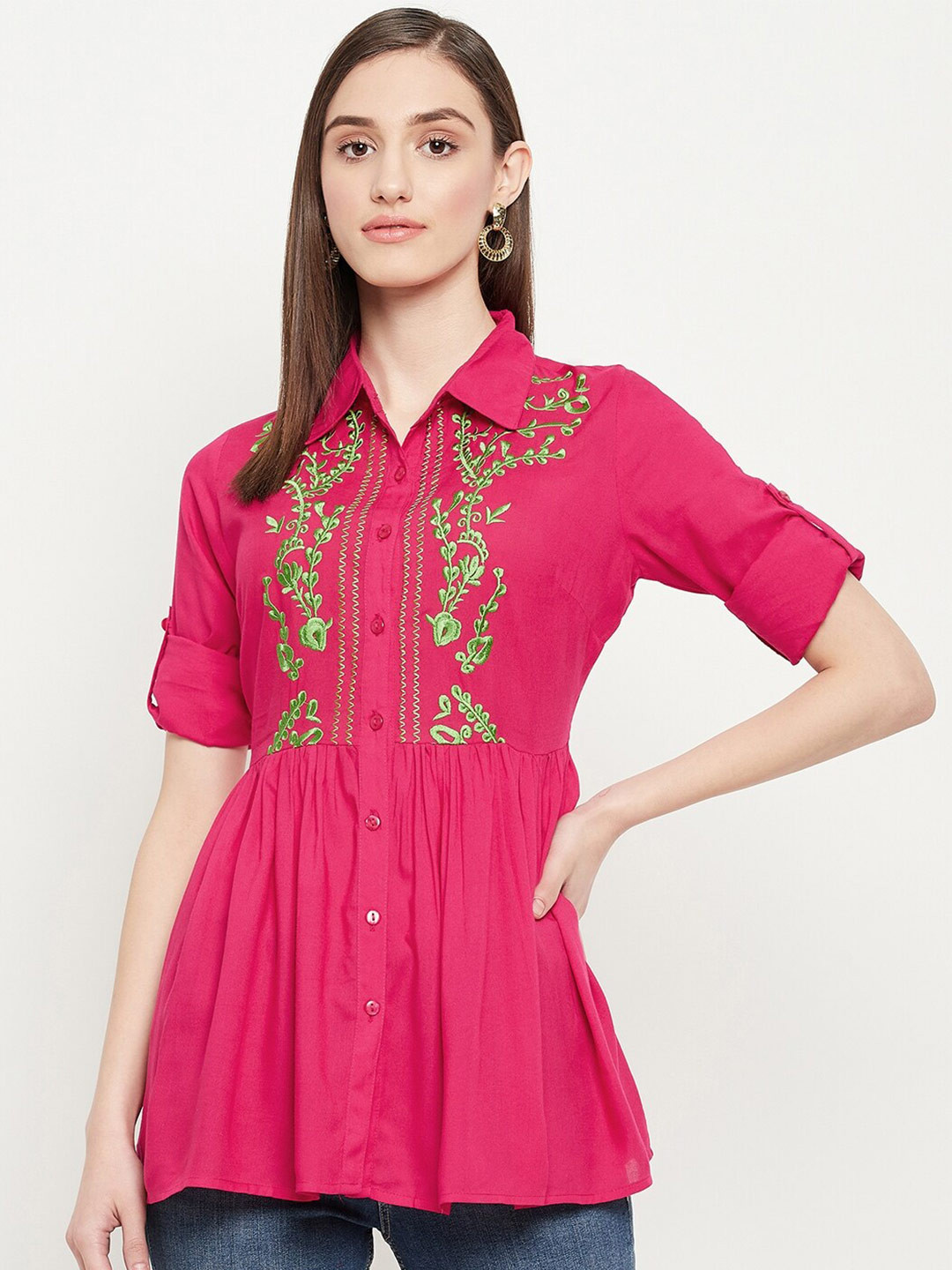 Buy BAESD Floral Embroidered Gathered Longline Shirt Style Top - Tops ...