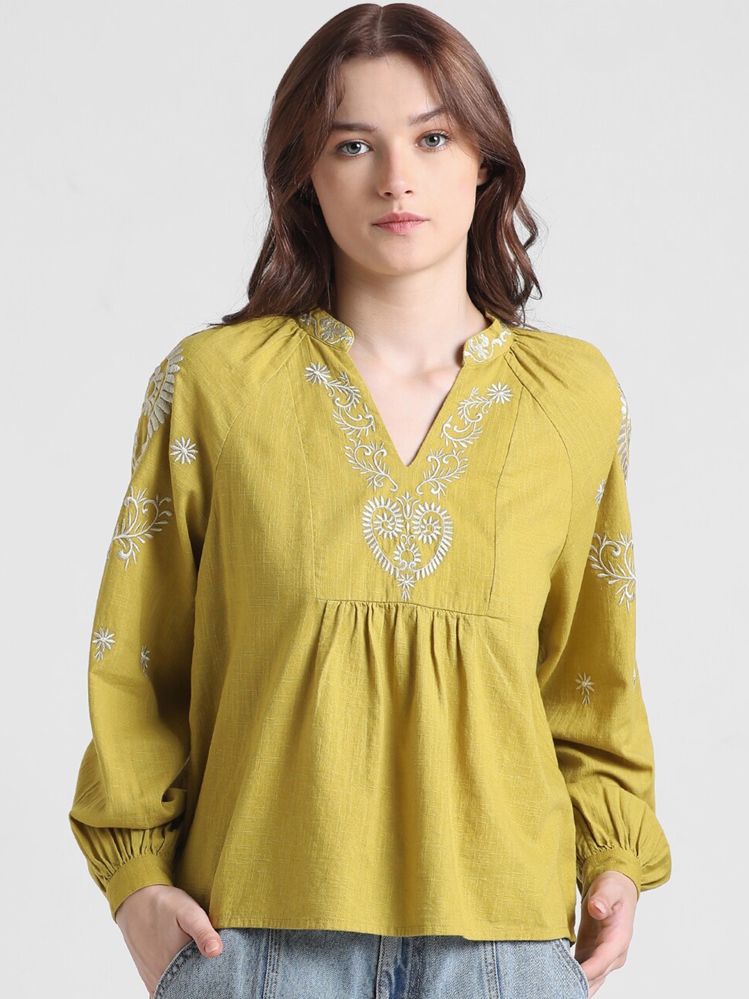 Buy Only Ethnic Embroidered Mandarin Collar Cuffed Sleeves A Line Pure