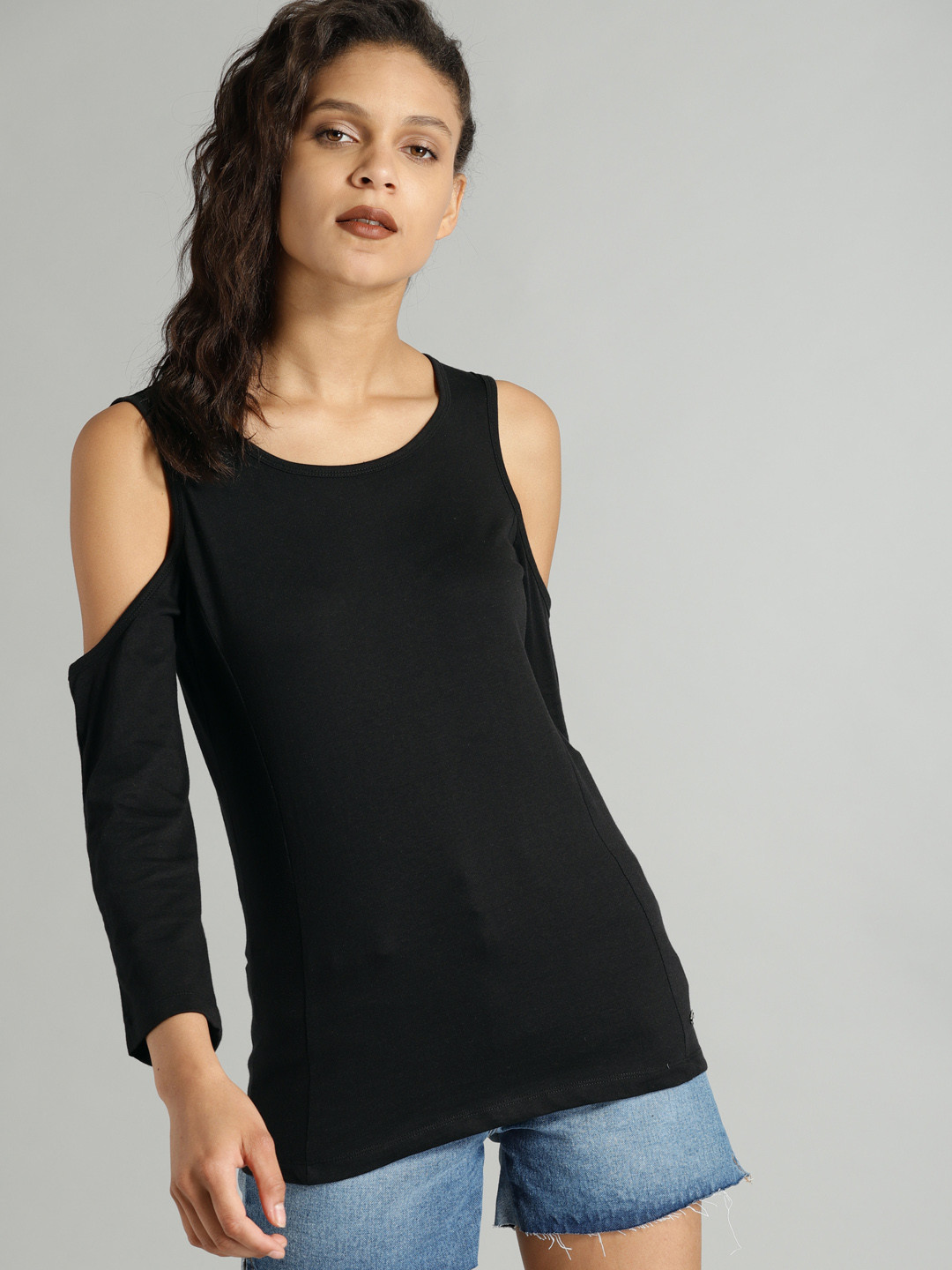Buy Roadster Women Black Solid Cold Shoulder Pure Cotton Top - Tops for ...