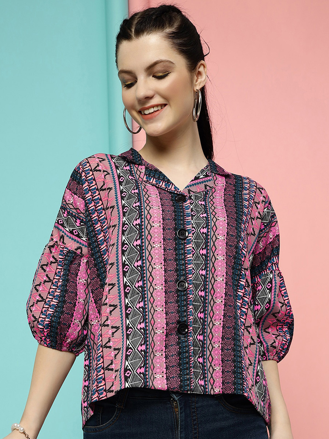 Buy DressBerry Black Boxy Ethnic Motifs Cuban Collar Puff Sleeve Top ...