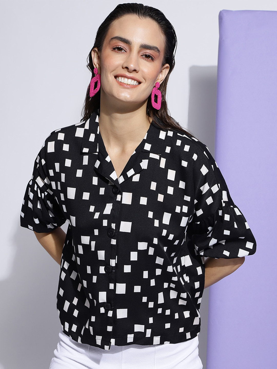 Buy DressBerry Black Geometric Printed Crepe Shirt Style Top - Tops for ...