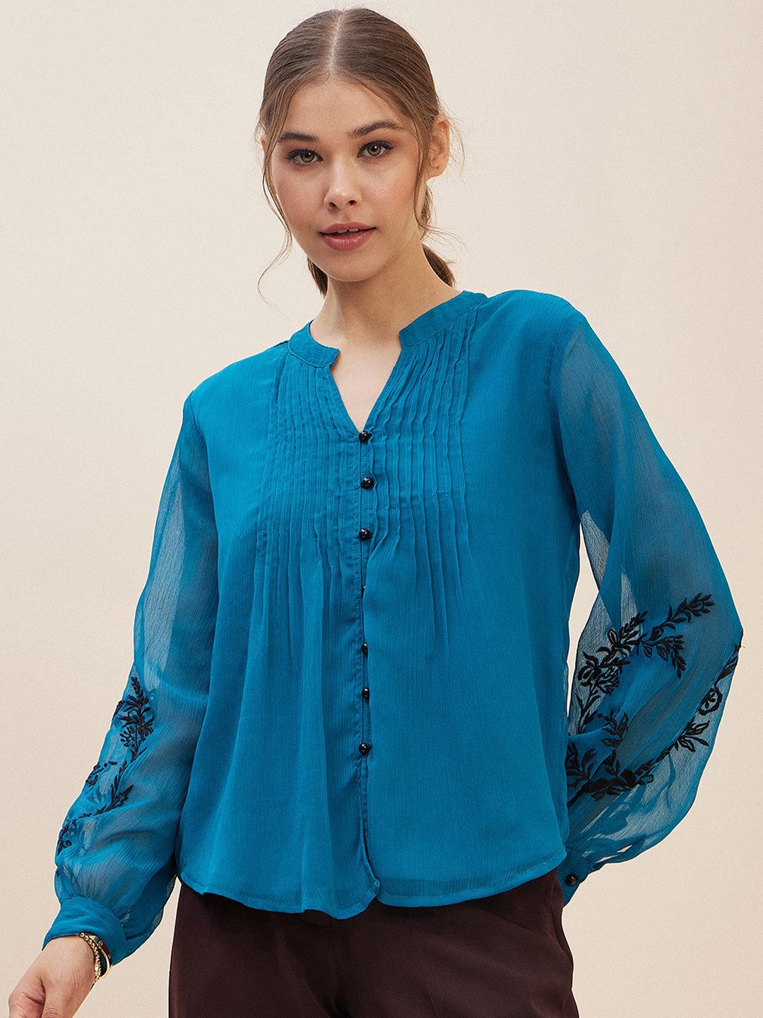 Buy Antheaa Teal Mandarin Collar Puff Sleeves Pleated Shirt Style Top ...