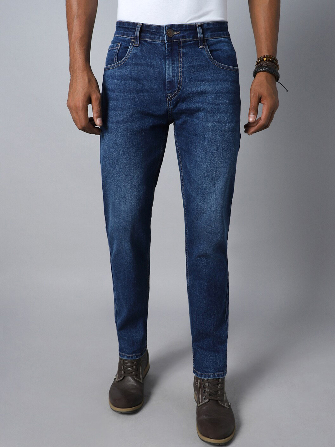 Buy High Star Men Blue Straight Fit Low Distress Light Fade Stretchable ...