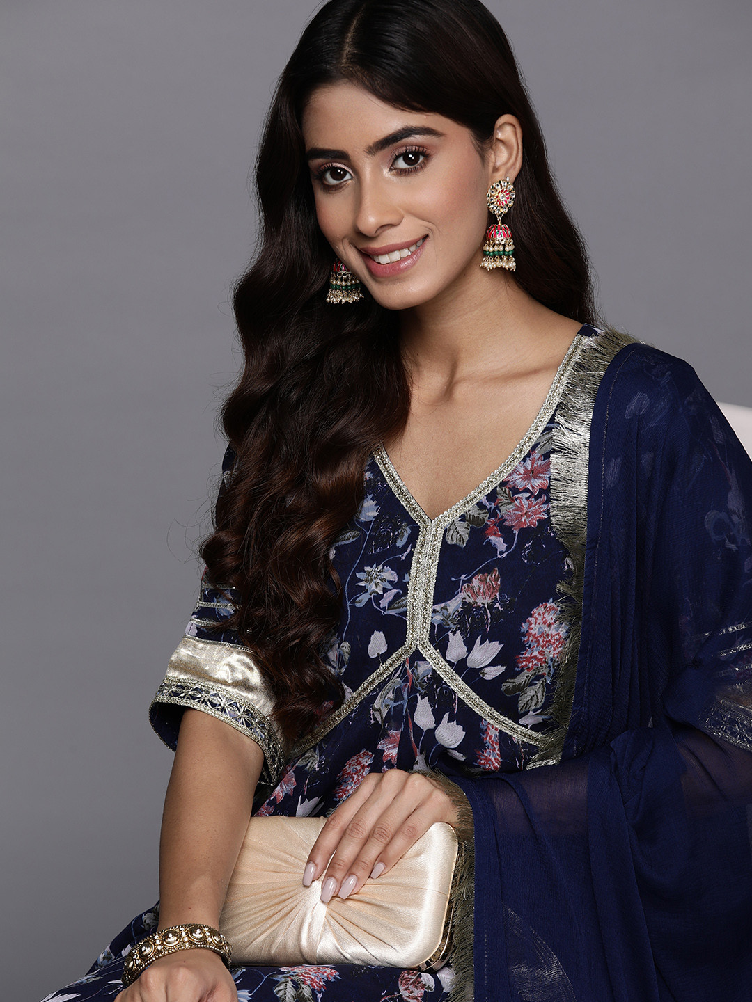 Buy Varanga Floral Printed Georgette Anarkali Kurta With Dupatta ...