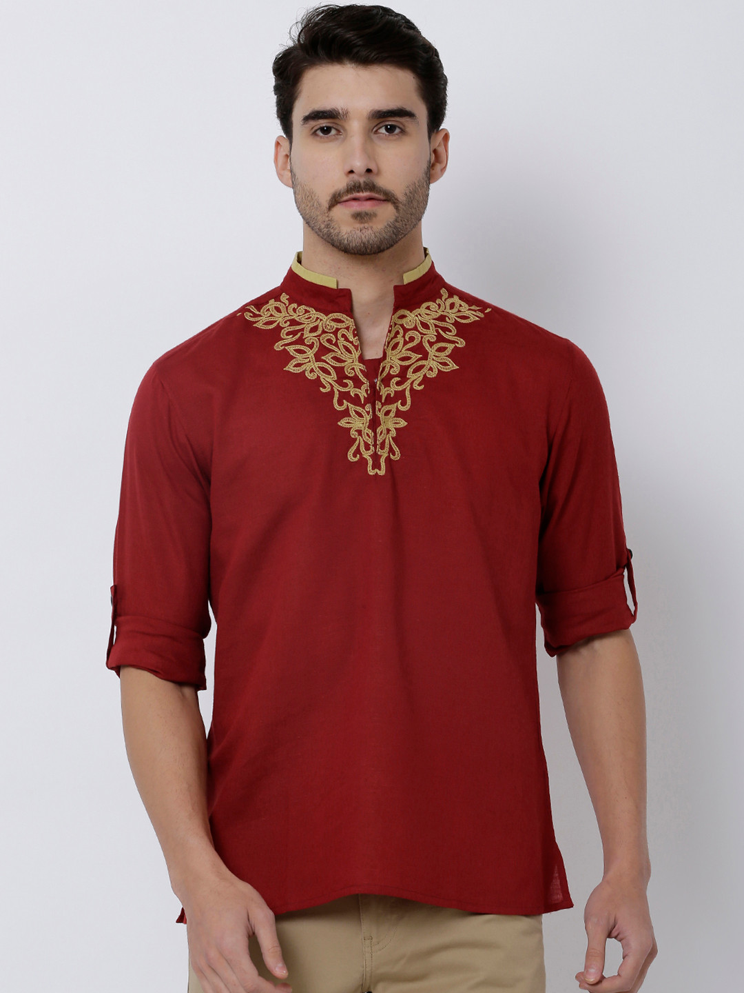 Buy Svanik Men Red Embroidered Straight Short Kurta - Kurtas for Men ...