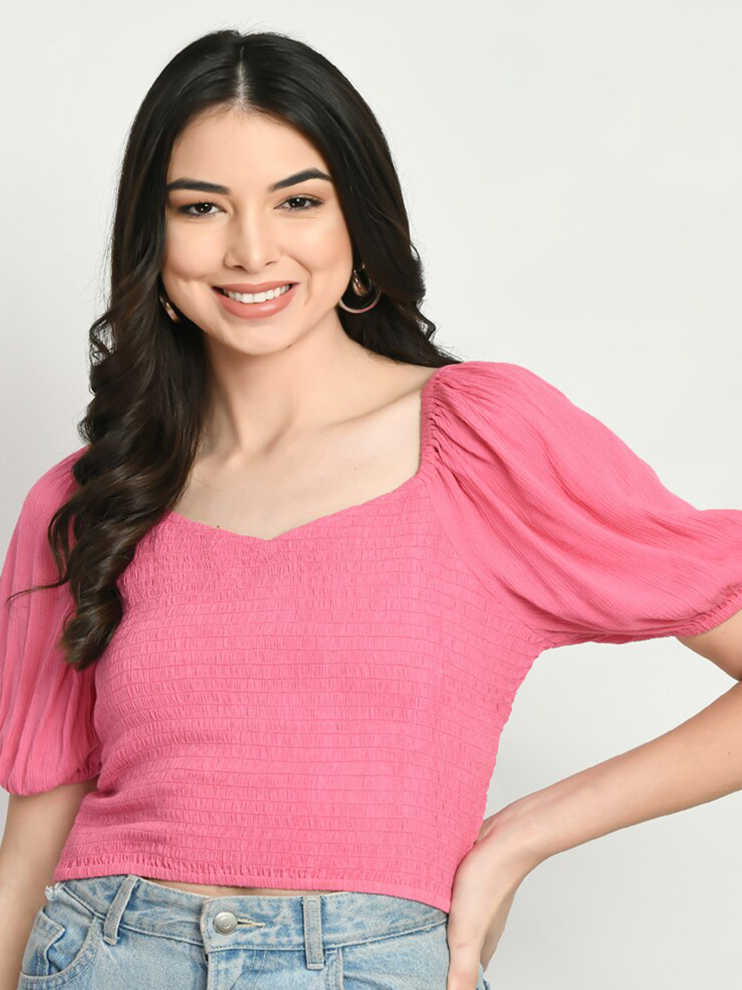 Buy DressBerry Pink Puff Sleeves Smocked Crop Top - Tops for Women ...