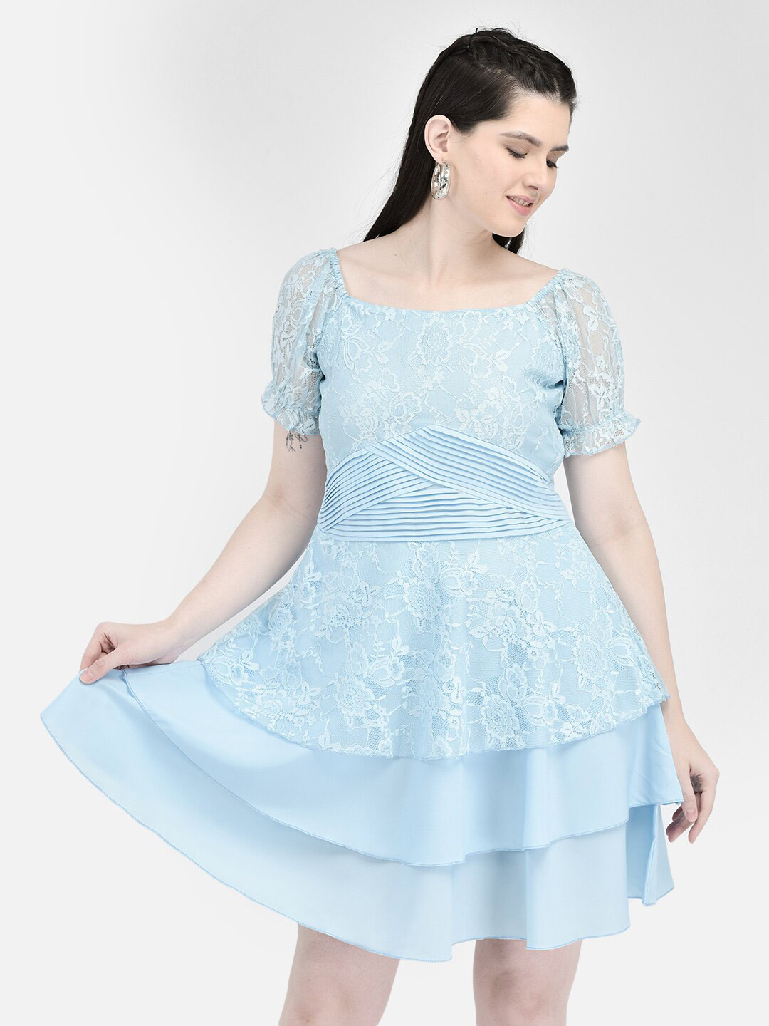 Buy Eavan Self Design Square Neck Puff Sleeve Layered Fit & Flare Dress ...