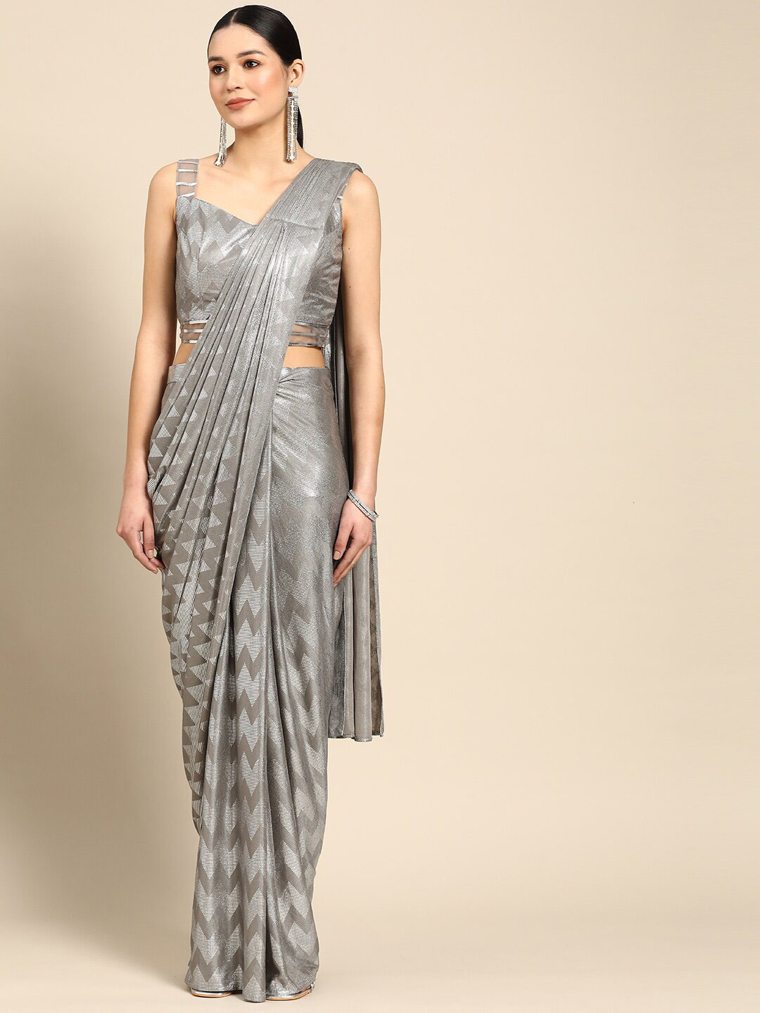 Buy Mitera Grey & Silver Toned Geometric Embellished Ready To Wear ...