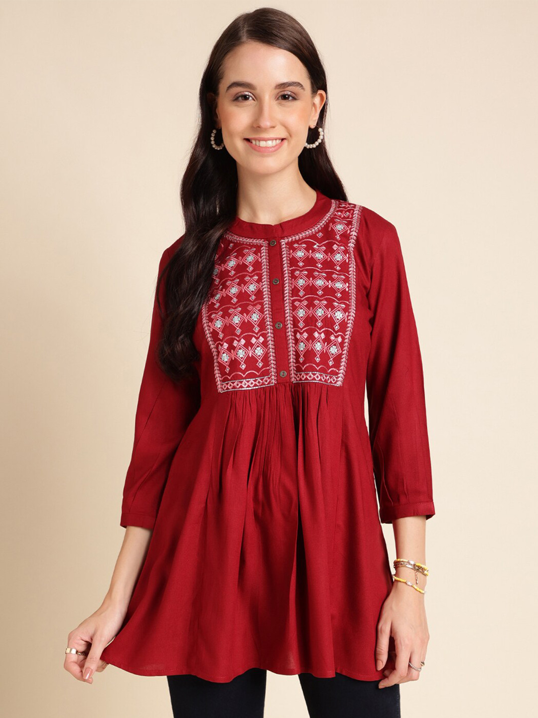 Buy HERE&NOW Red Ethnic Motifs Embroidered A Line Top - Tops for Women ...