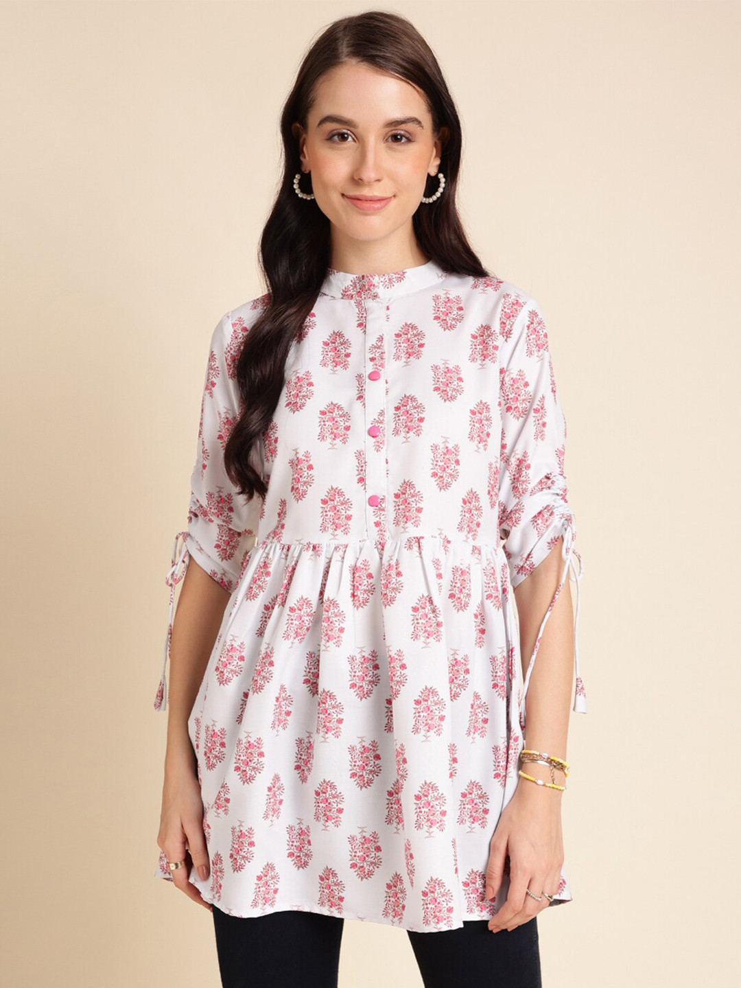 Buy HERE&NOW White Floral Printed Mandarin Collar A Line Top - Tops for ...