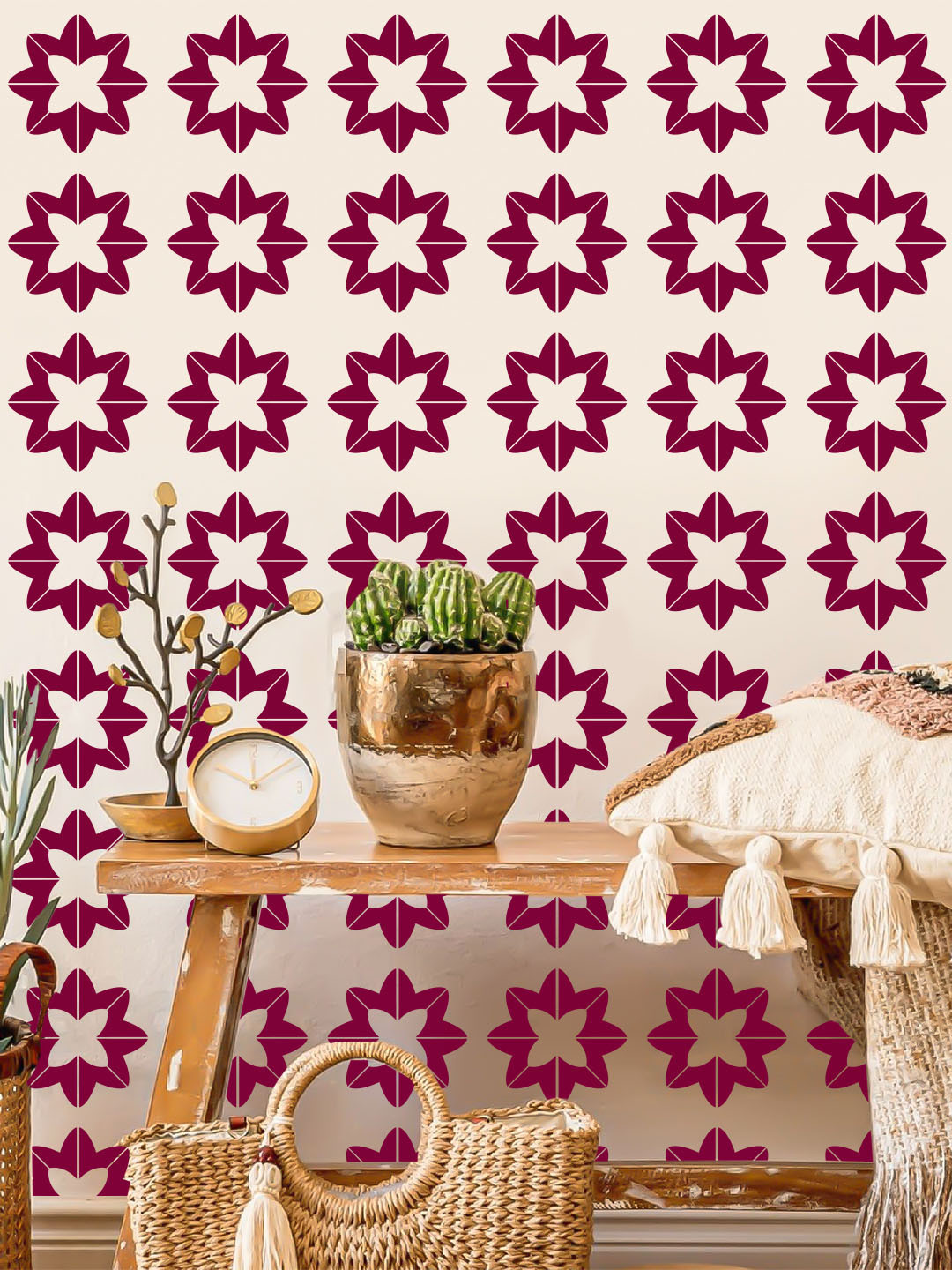 Buy KAYRA DECOR Beige & Maroon Alpha Design Self Wall Painting Stencil ...