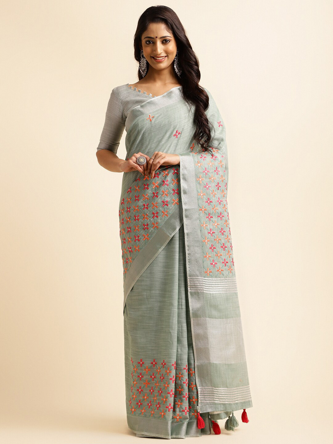 Buy ALAGINI Floral Embroidered Pure Linen Chanderi Saree - Sarees for ...