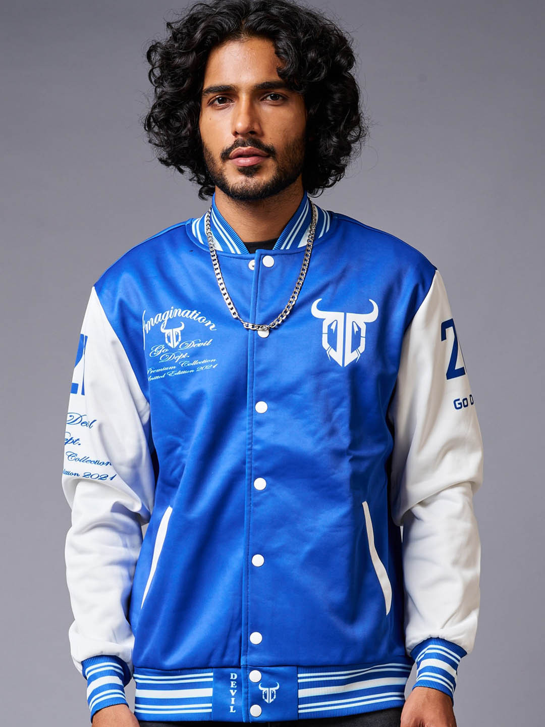 Buy GO DEVIL Typography Printed Cotton Varsity Jacket With Zip Detail ...